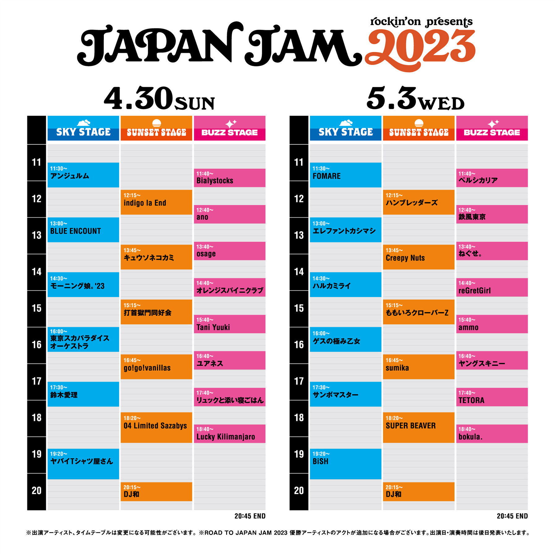 JAPAN JAM 2023（4.30 @千葉市蘇我スポーツ公園）タイムテーブル発表！ | ヤバイTシャツ屋さん OFFICIAL WEB SITE
